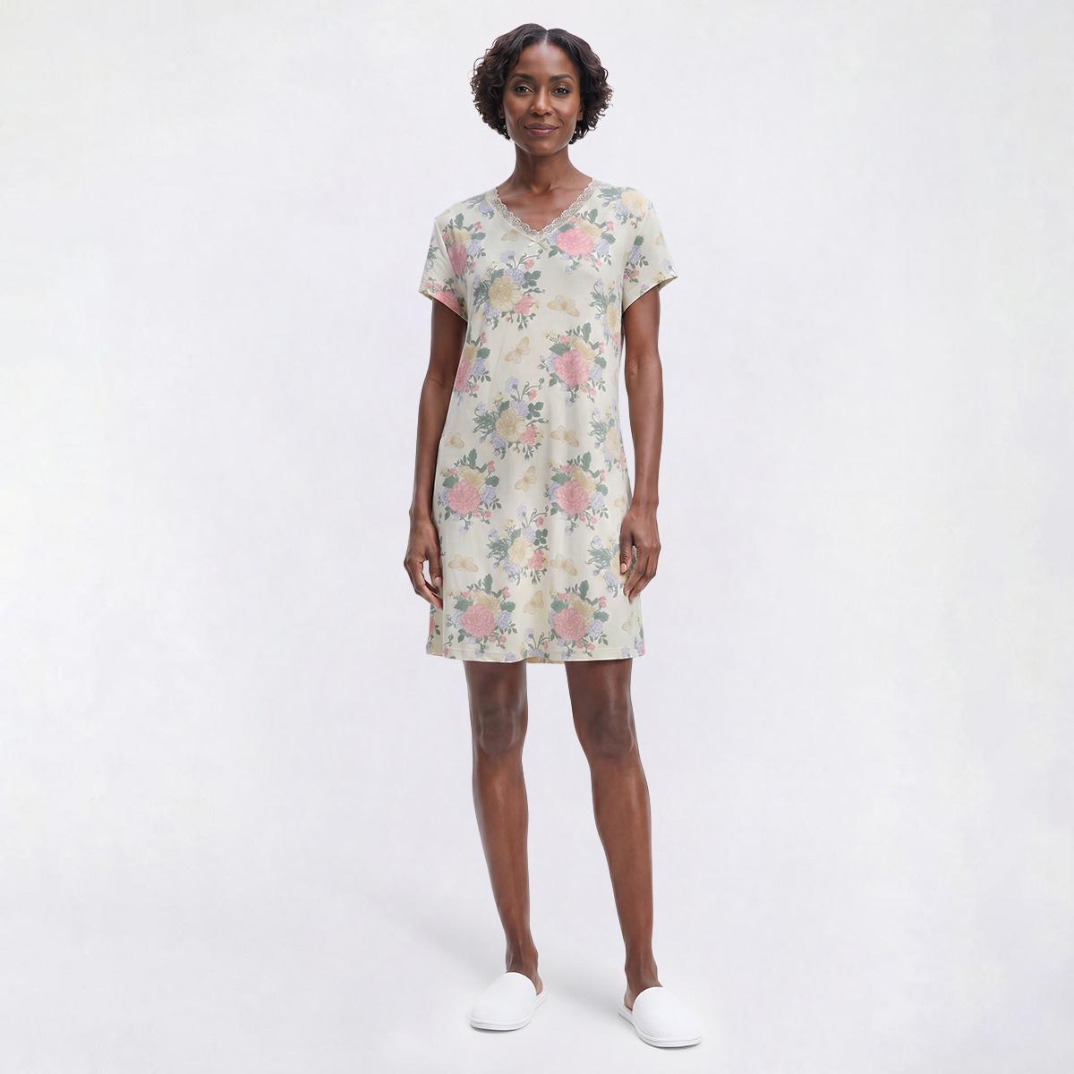 Click here for Womens Charmour Short Sleeve Floral Lace Trim V-Ne... prices